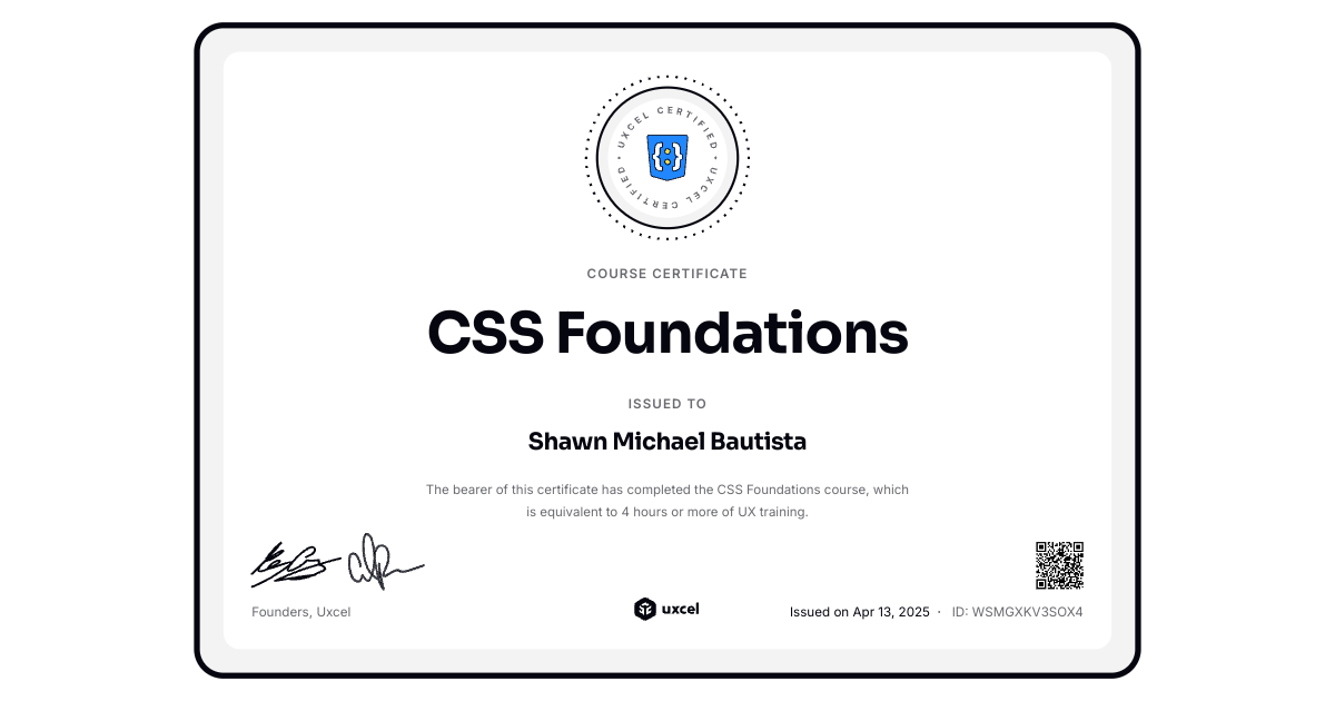 Certificate of completion for CSS Foundations | Uxcel